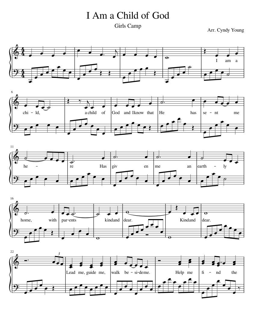 I Am a Child of God - Girls Camp Version Sheet Music for Piano (Solo ...