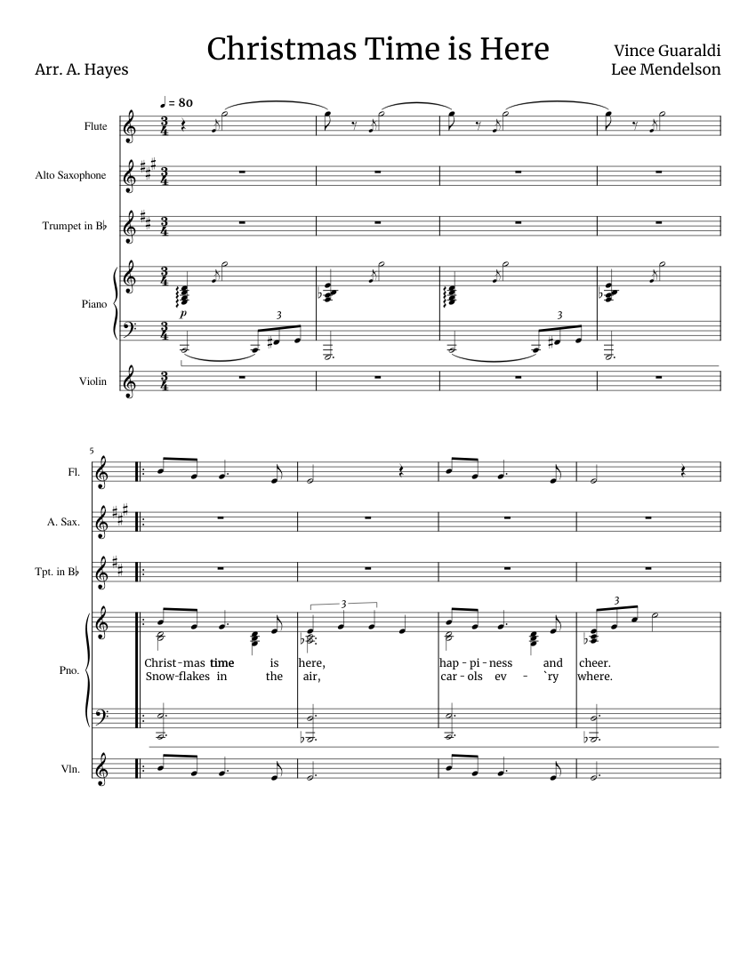 Christmas Time is Here — A Charlie Brown Christmas Sheet Music for Piano, Flute, Saxophone alto ...