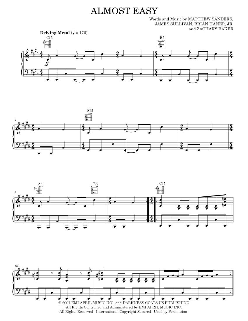 almost easy Sheet music for Piano, Vocals by Avenged Sevenfold Official ...