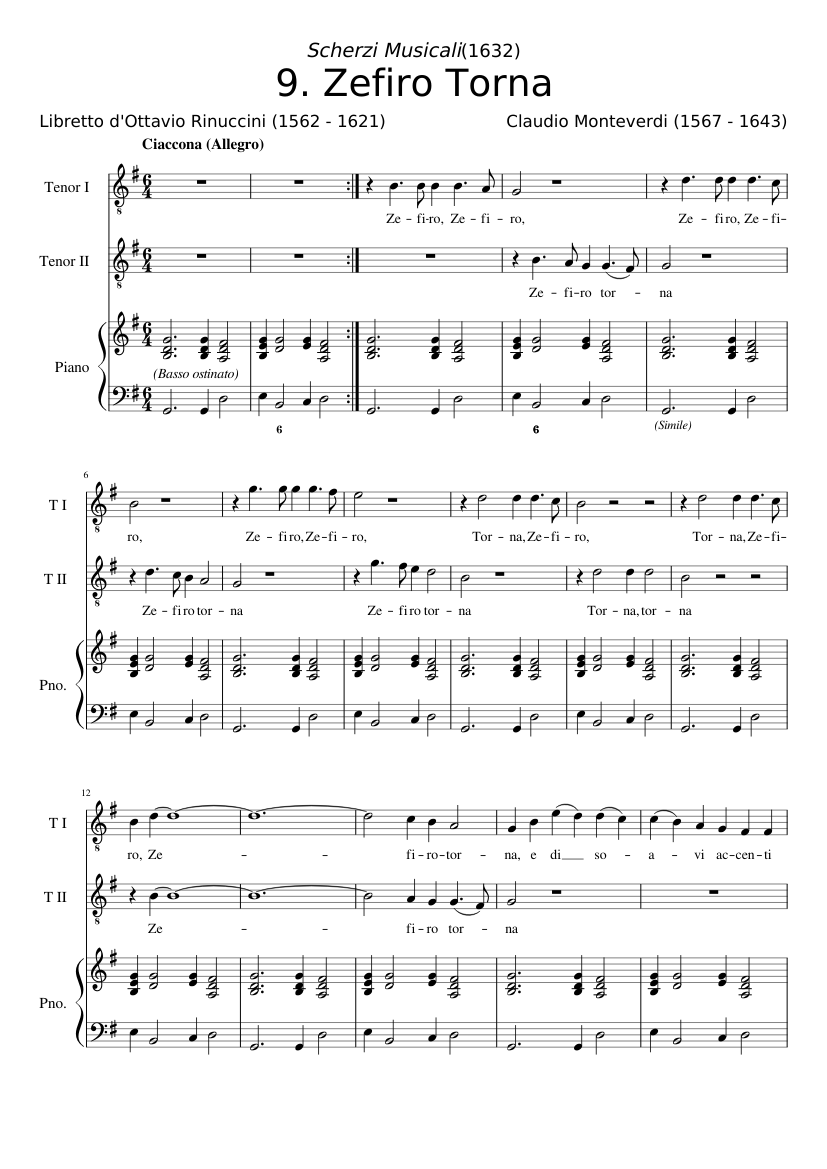 Zefiro torna e di soavi accenti – Claudio Monteverdi Zefiro Torna Sheet ...