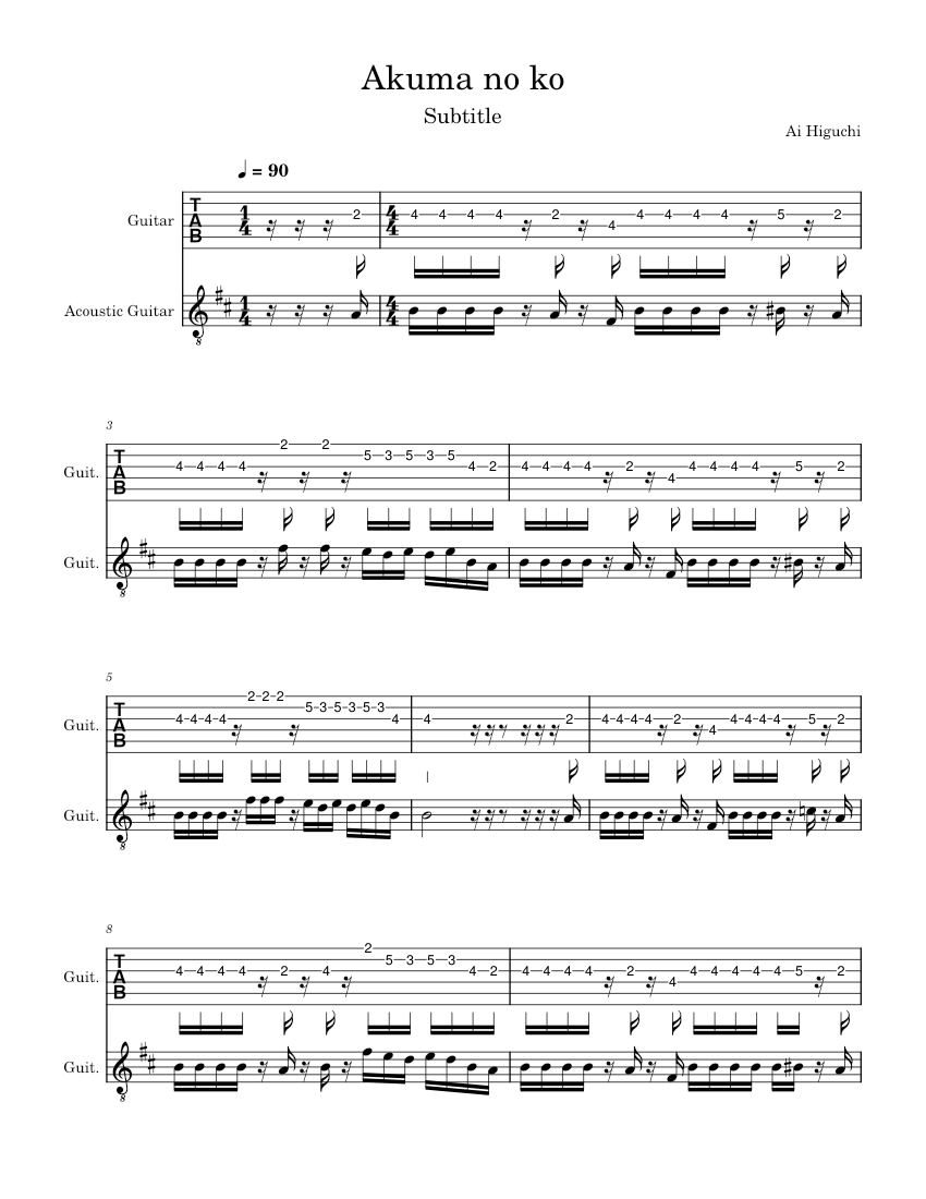 Akuma no Ko – Ai Higuchi Sheet Music and Tab for Guitar (Solo ...