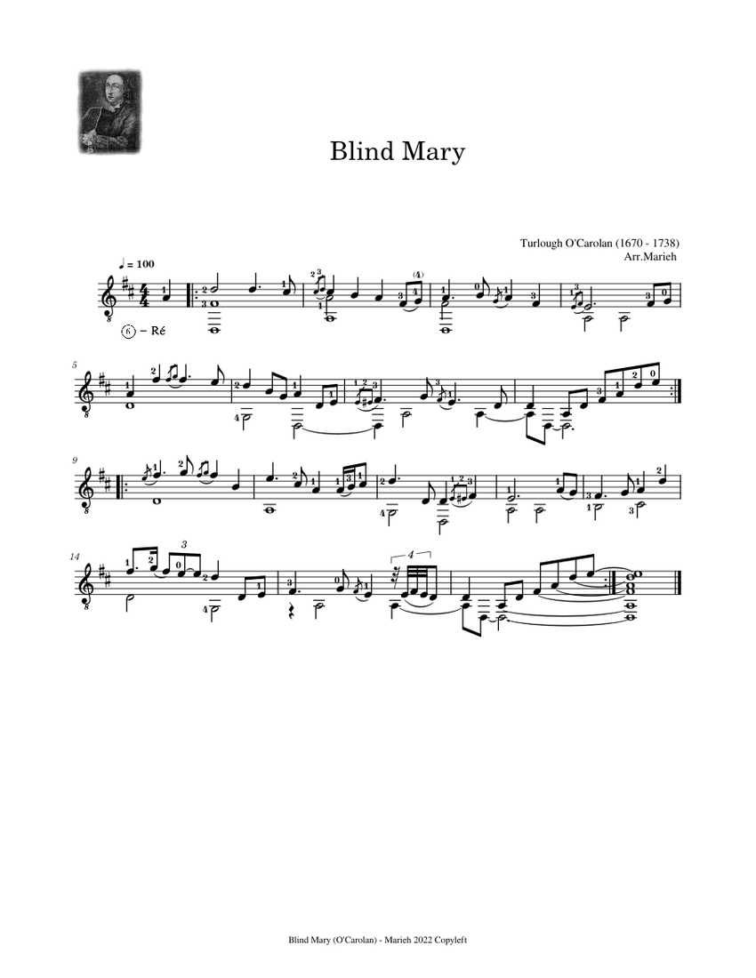 Blind Mary – Turlough O'Carolan (1670 - 1738) Sheet music for Guitar ...