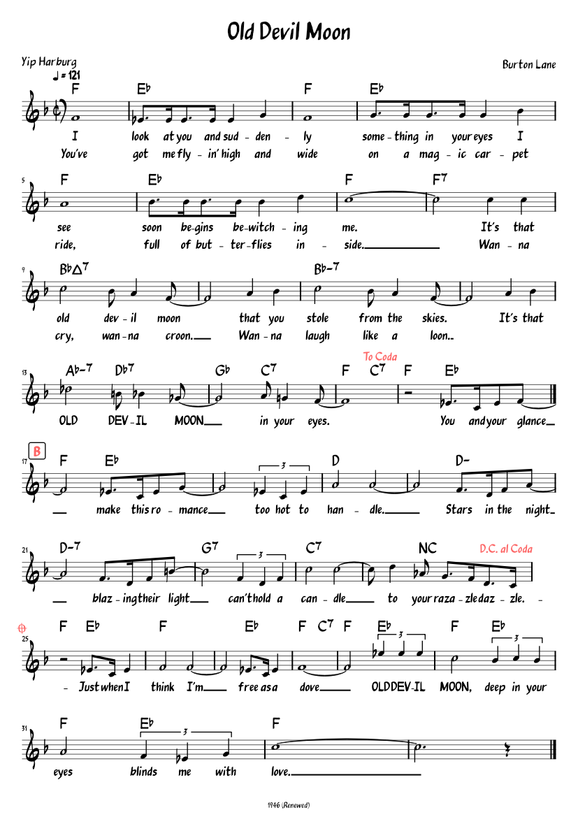 Old Devil Moon (Lead sheet with lyrics ) Sheet music for Piano (Solo ...