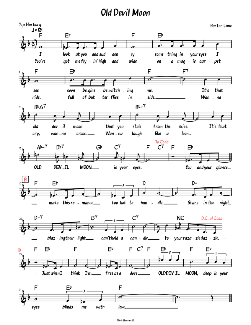 Old Devil Moon (Lead sheet with lyrics ) - piano tutorial