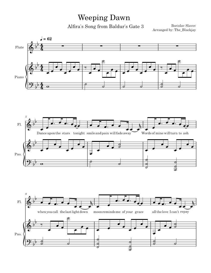 Weeping Dawn (Alfira's Song) Baldur's Gate 3 Sheet Music for Piano, Flute (Solo) | MuseScore.com