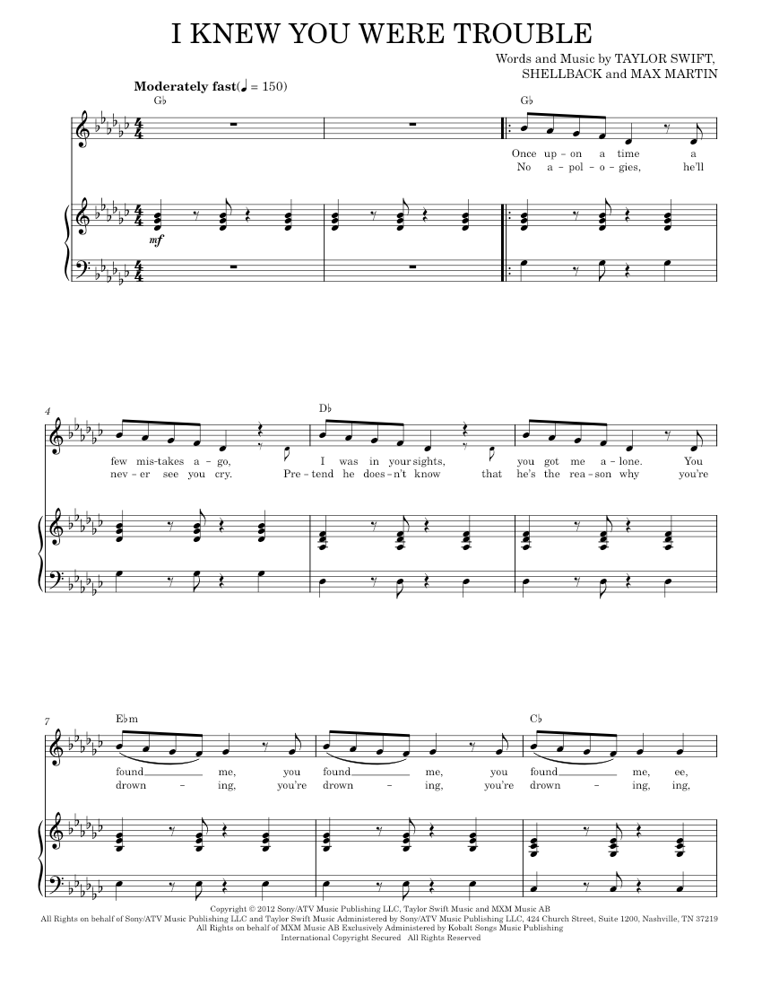 i knew you were trouble Sheet music for Piano, Vocals by Taylor Swift ...