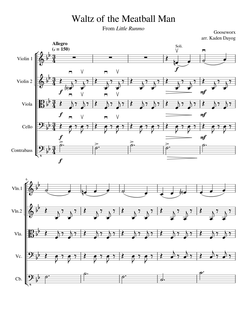 Waltz of the Meatball Man Sheet music for Contrabass, Violin, Viola ...