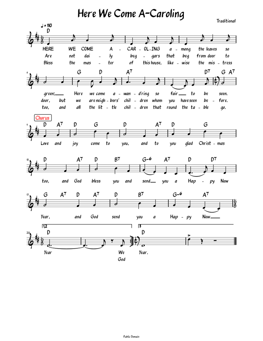 Here We Come A-Caroling (Lead sheet with lyrics ) Sheet music for Piano ...