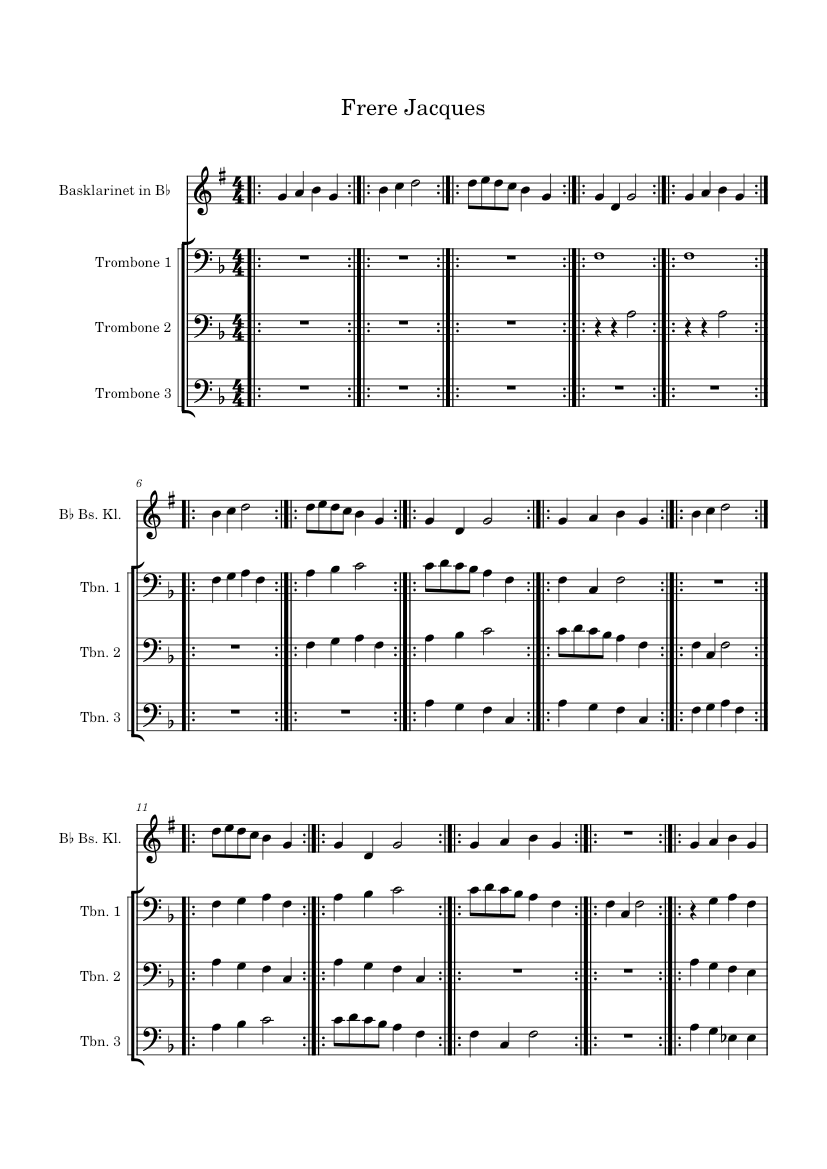 frere jacques Sheet music for Trombone, Clarinet bass (Mixed Quartet ...