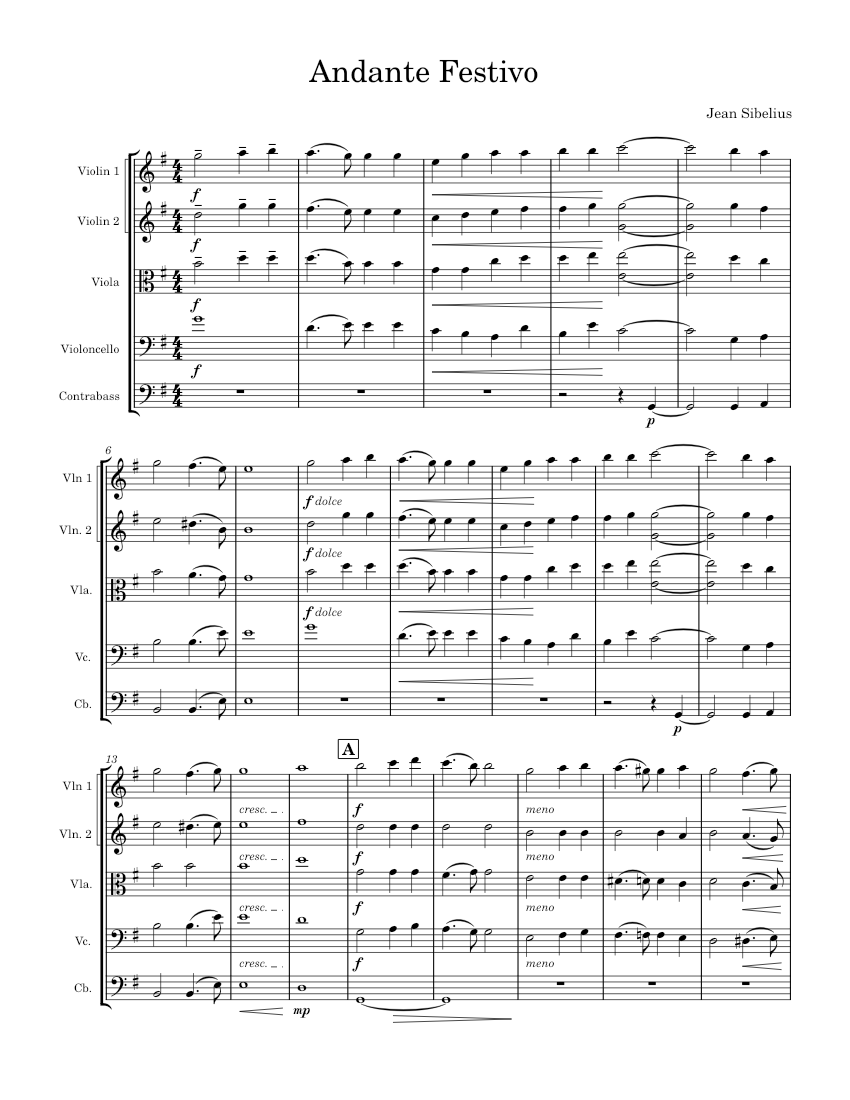 Sibelius - Andante Festivo Sheet music for Violin, Viola, Strings group, Woodwinds (other ...