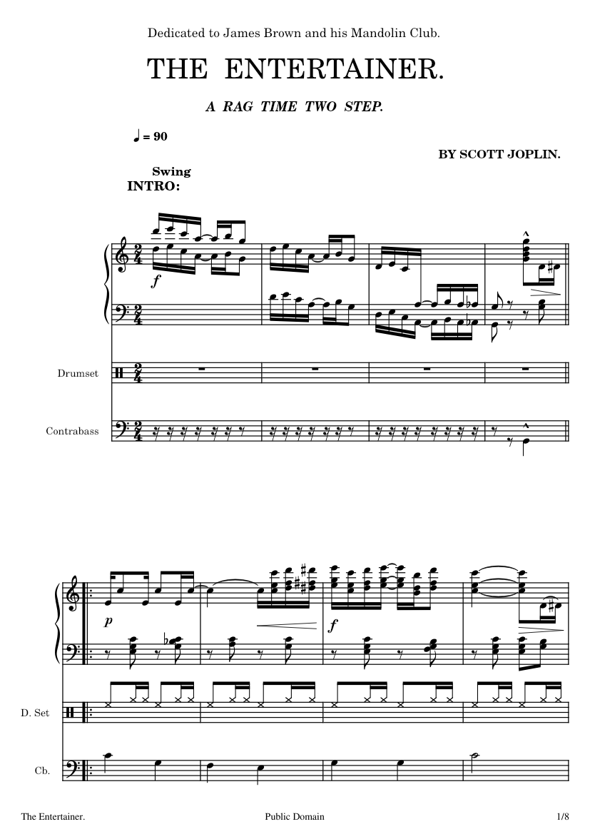 The Entertainer Scott Joplin Sheet Music for Piano, Contrabass, Drum ...