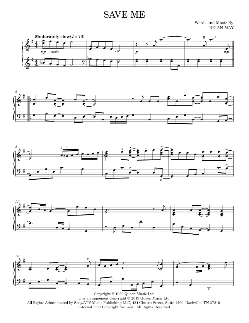 Play Official version of Save me Sheet Music by Queen for Piano ...