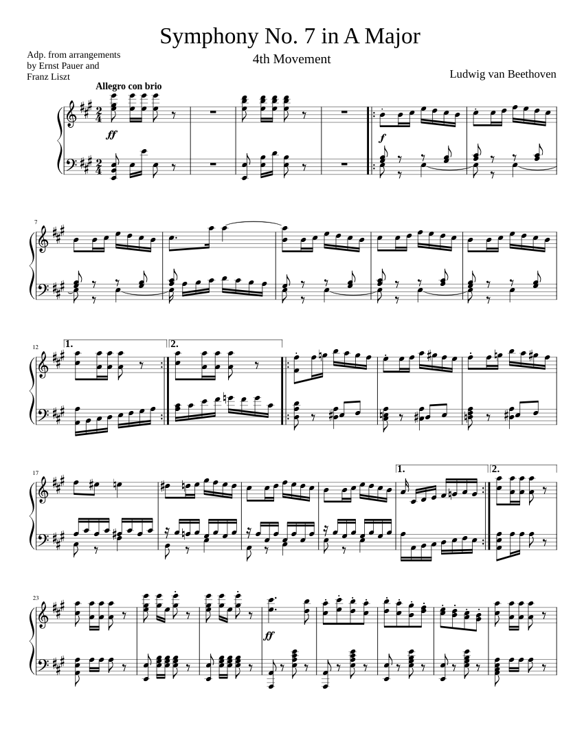 Beethoven Symphony No. 7 (4th movement) Piano solo Sheet music for ...