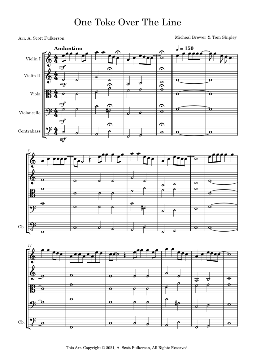 One Toke Over The Line Sheet music for Contrabass, Violin, Viola, Cello ...