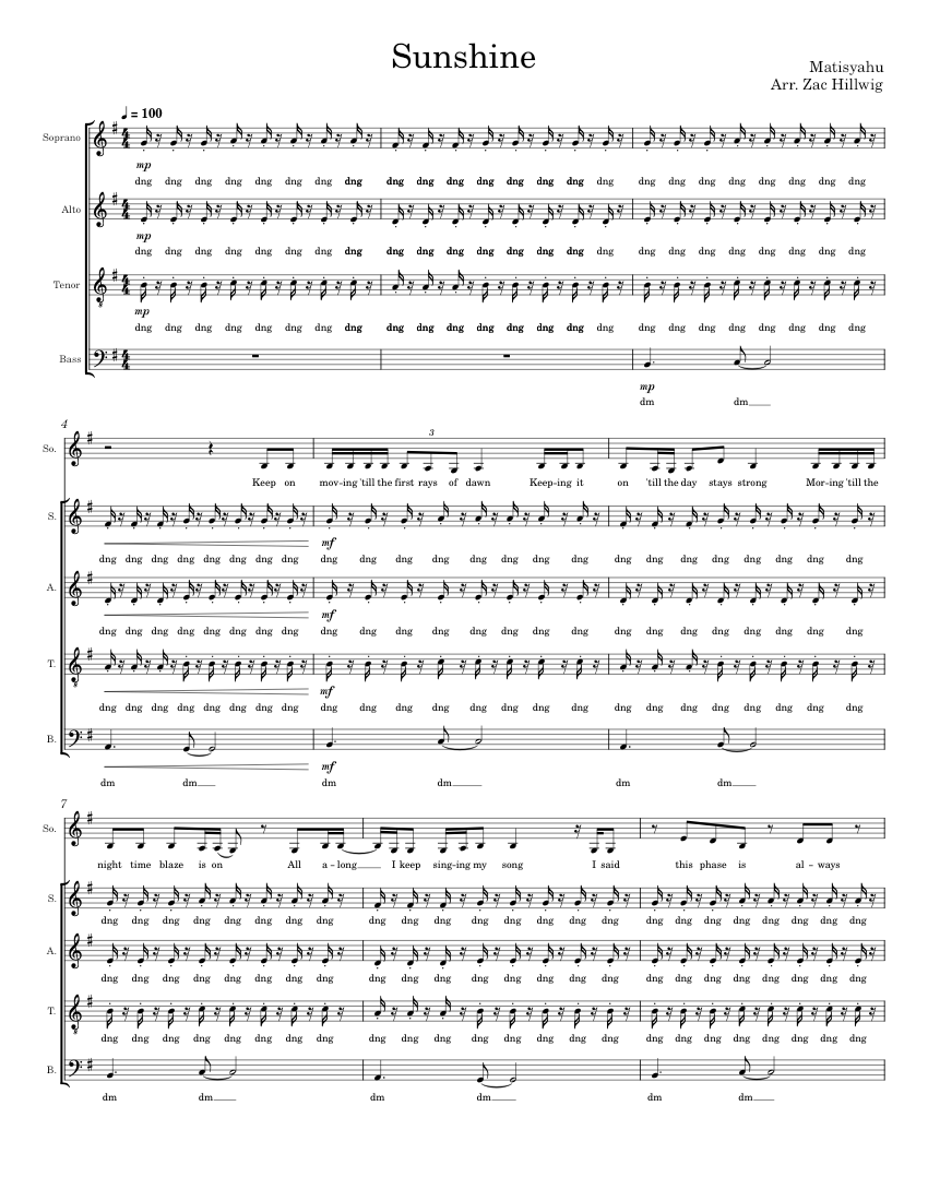 Sunshine – Matisyahu (A Cappella) Sheet Music for Soprano, Alto, Tenor ...