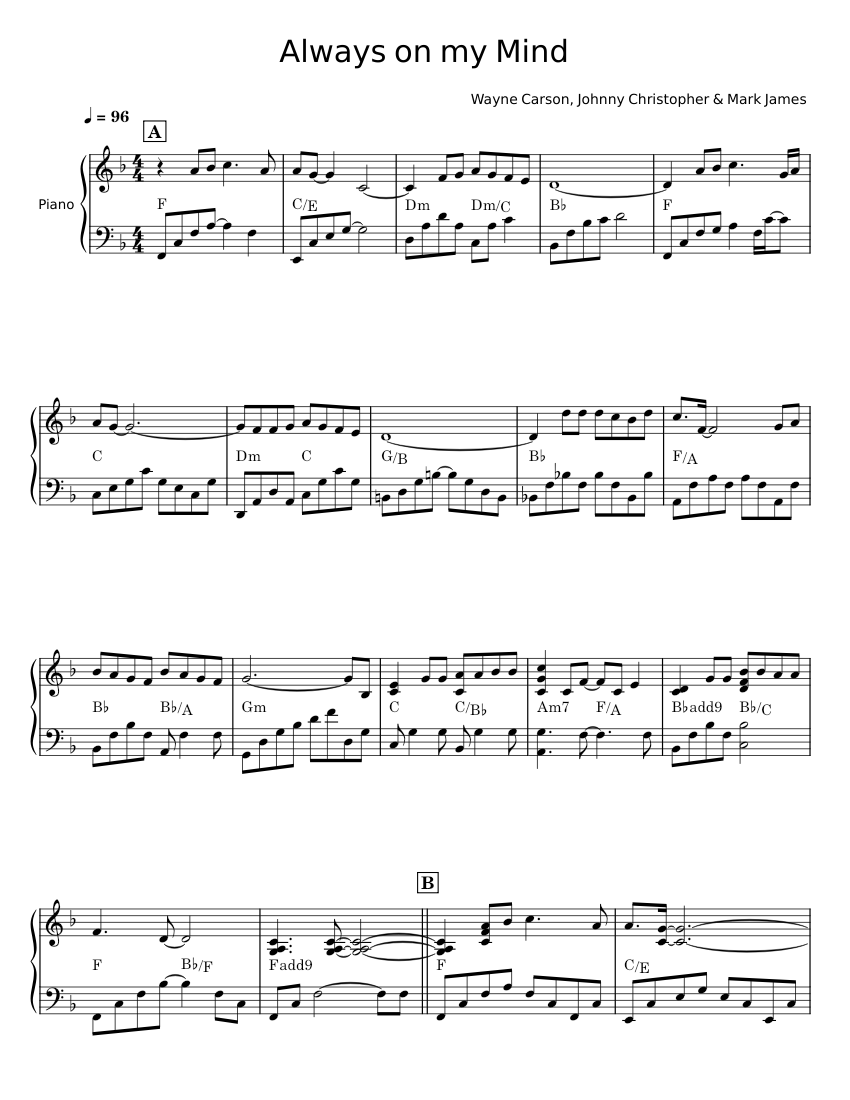 ALWAYS ON MY MIND - Wayne Carson Thompson Sheet Music for Piano (Solo ...