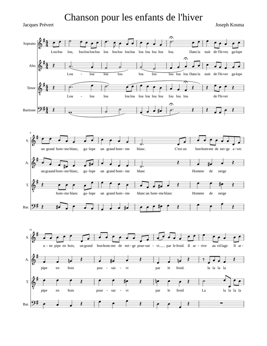 Chanson pour les enfants de l'hiver Sheet music for Soprano, Alto ...