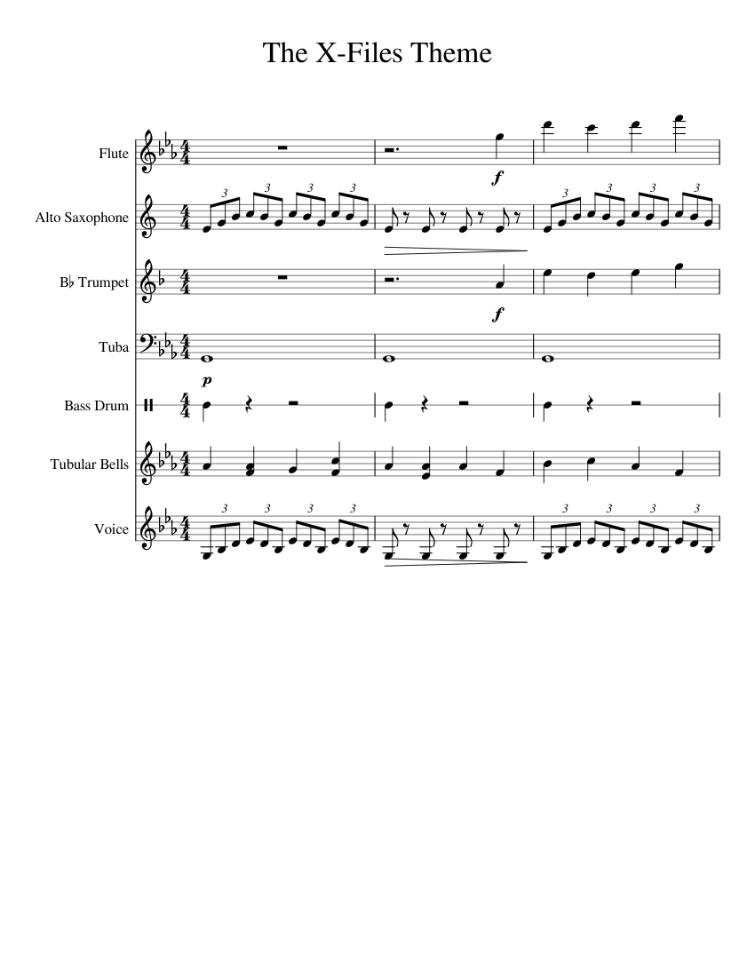 X-Files Theme song Sheet music for Tuba, Vocals, Flute, Saxophone alto ...