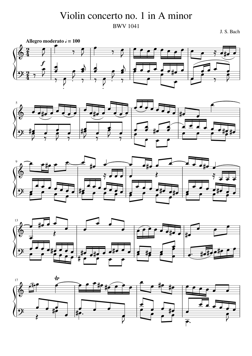 Bach Violin Concerto in A minor BWV 1041 Sheet Music for Piano (Solo ...