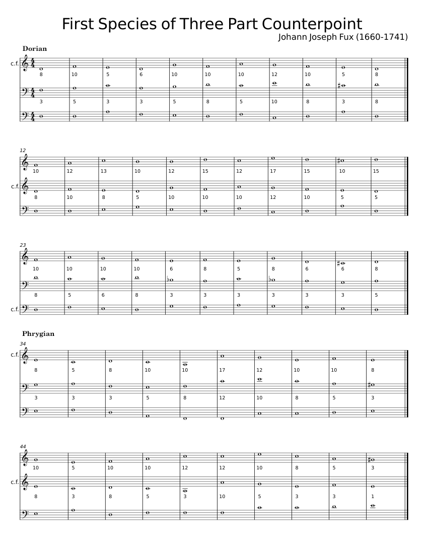 First Species of Three Part Counterpoint - Johann Joseph Fux Sheet ...