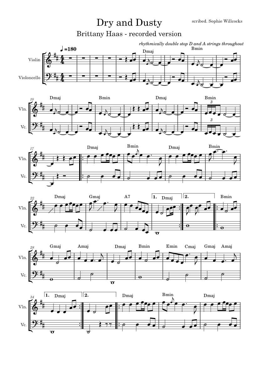 Dry and Dusty – Brittany Haas Sheet Music for Violin, Cello (String ...