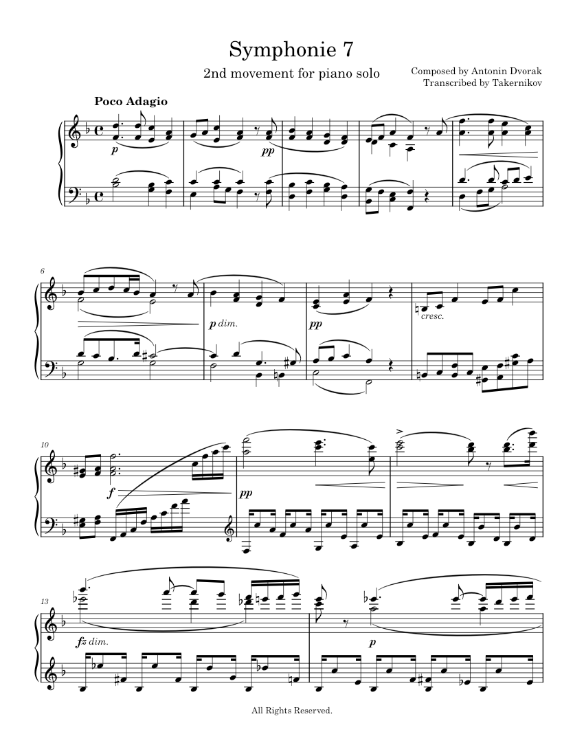 DVORAK Symphony No.7 2nd movement for piano solo Sheet music for Piano ...
