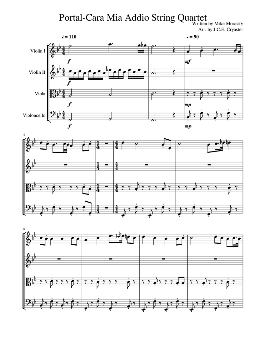Portal-Cara Mia Addio String Quartet - piano tutorial