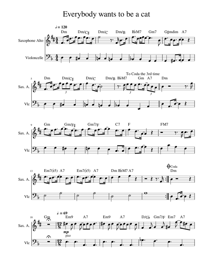 Everybody Wants To Be A Cat Sheet music for Saxophone alto, Cello ...