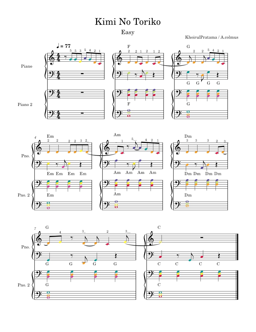 KIMI NO TORIKO Sheet Music with Chords for Piano (Piano Duo ...