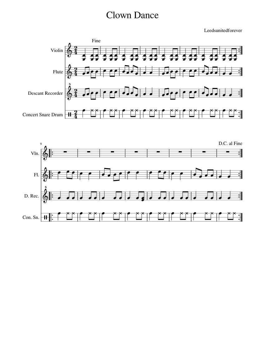 Clown Dance Sheet music for Flute, Snare drum, Violin, Recorder (Mixed ...