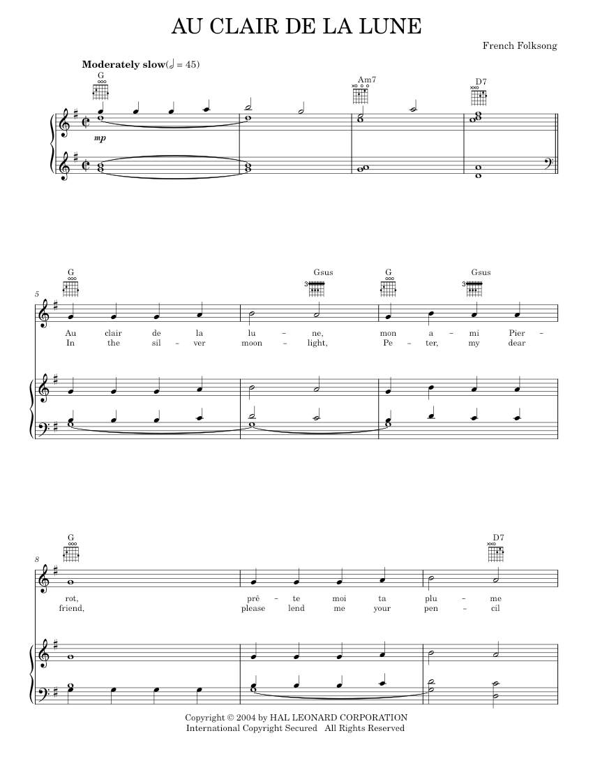 Play Official version of Au Clair De La Lune Sheet Music by Misc ...