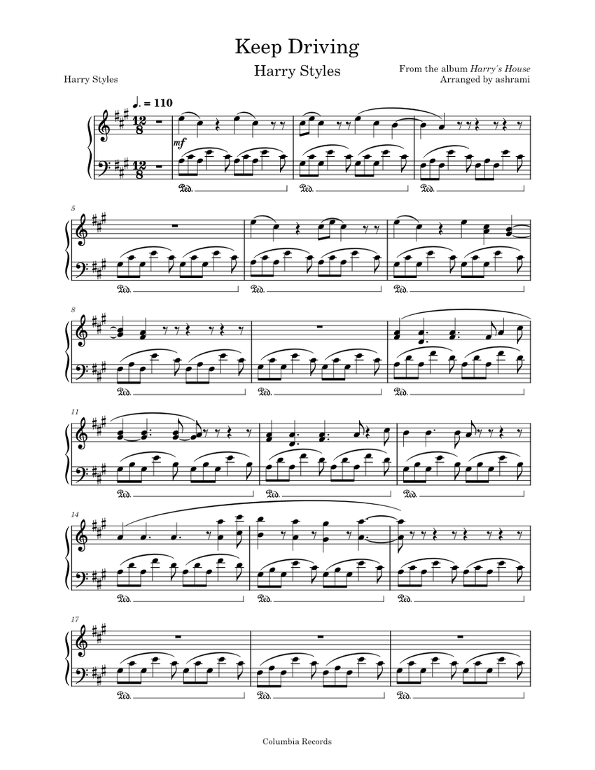 Keep Driving – Harry Styles Sheet music for Piano (Solo) Easy | Musescore.com