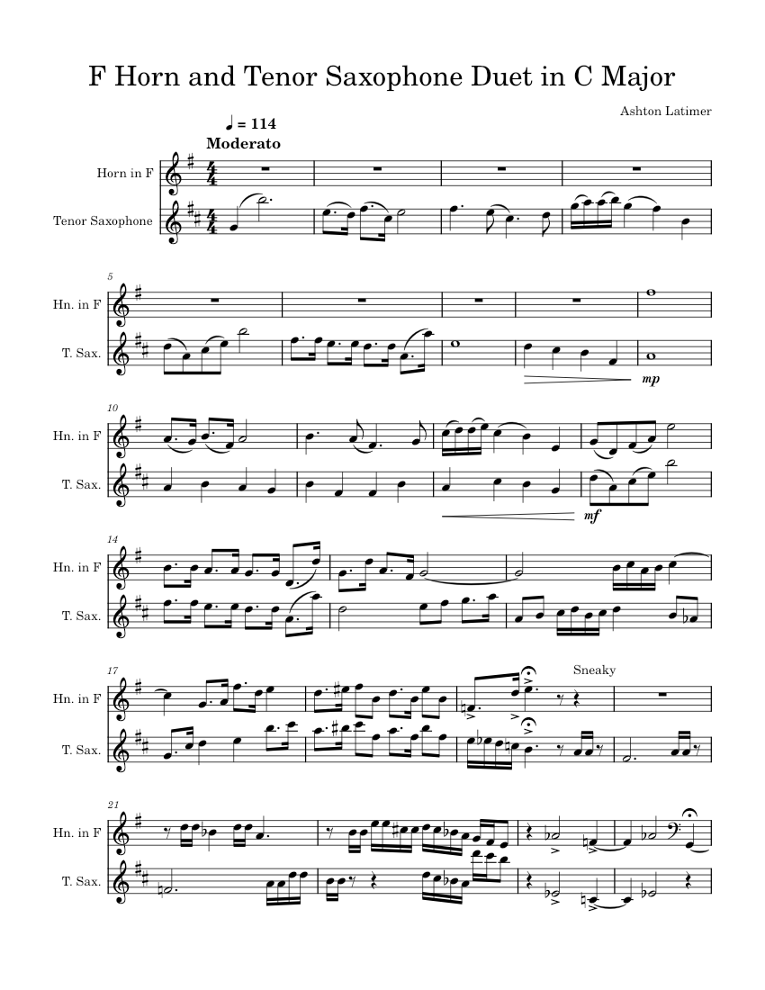 Tenor Saxophone and French Horn Duet in C Major Sheet Music for ...