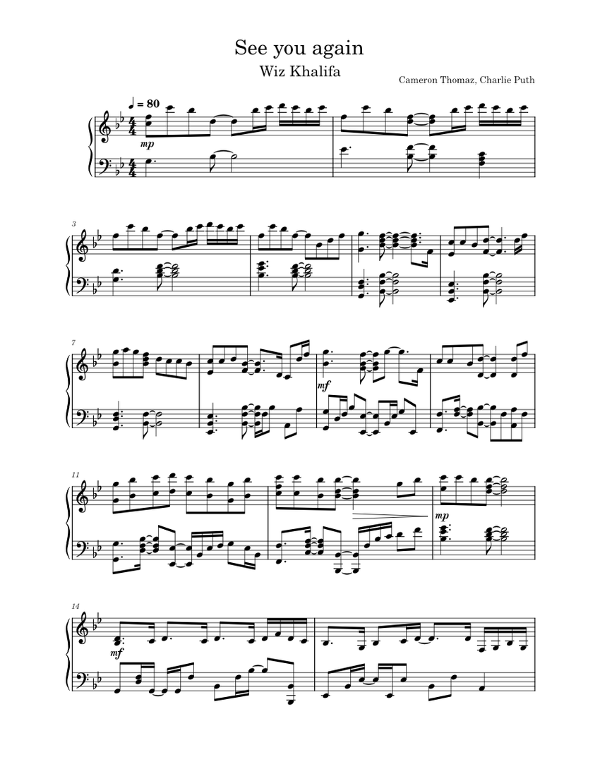 See You Again (feat. Charlie Puth) – Charlie Puth, Wiz Khalifa Sheet ...