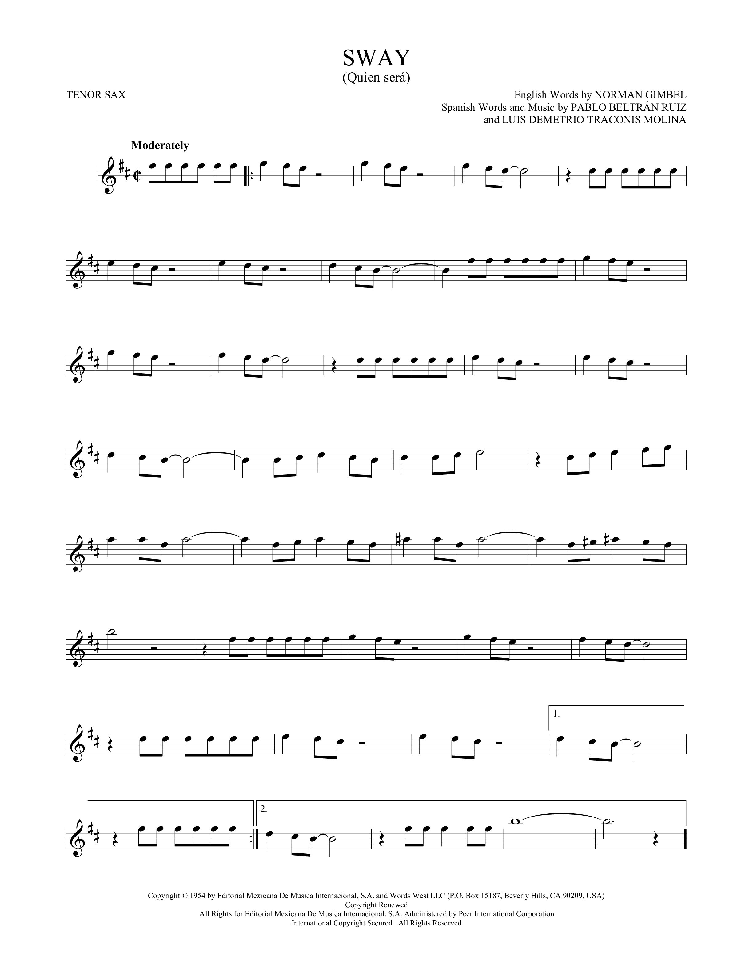 Play Official version of Sway Sheet Music by Dean Martin for Saxophone ...