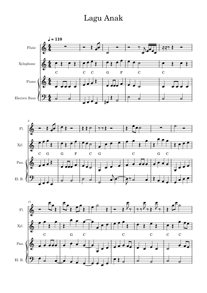 Lagu anak Sheet music for Piano, Flute, Bass guitar, Xylophone (Mixed ...