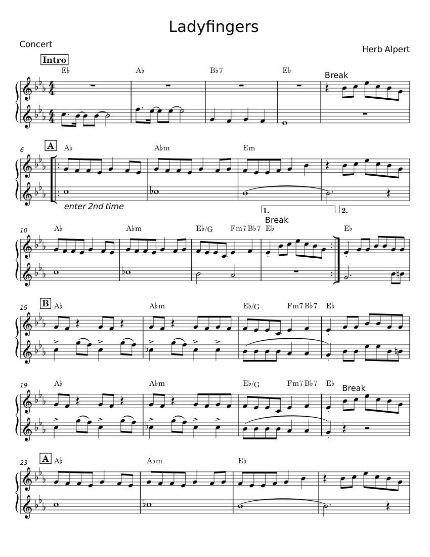 Ladyfingers - Herb Alpert Sheet music for Piano (Solo) Easy | Musescore.com