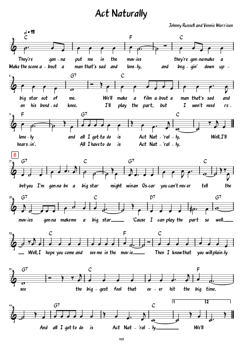 Act Naturally (Lead sheet with lyrics ) Sheet Music with Chords for ...