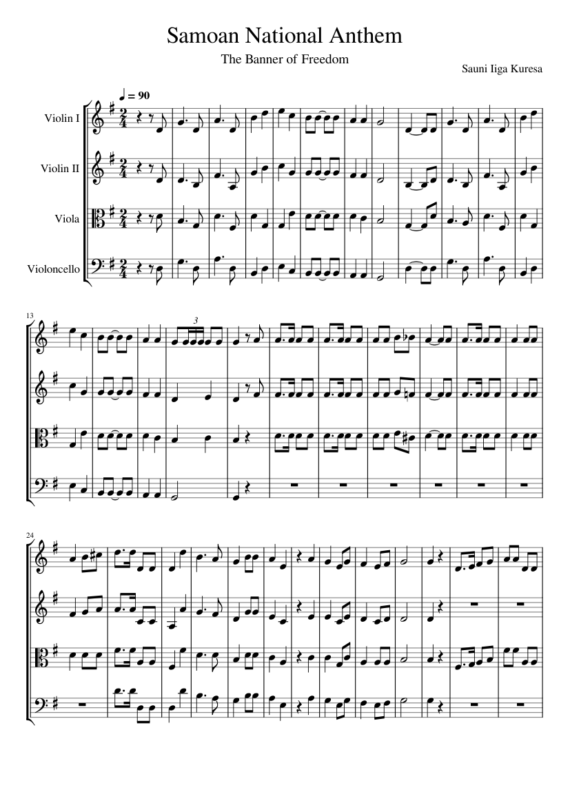 Samoan National Anthem Sheet music for Violin, Viola, Cello (String ...