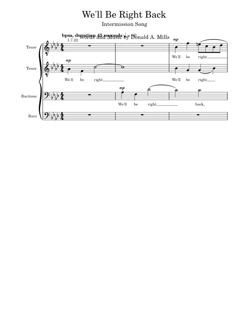 Well Be Right Back Sheet music for Tenor, Bass voice, Baritone (Men’s ...