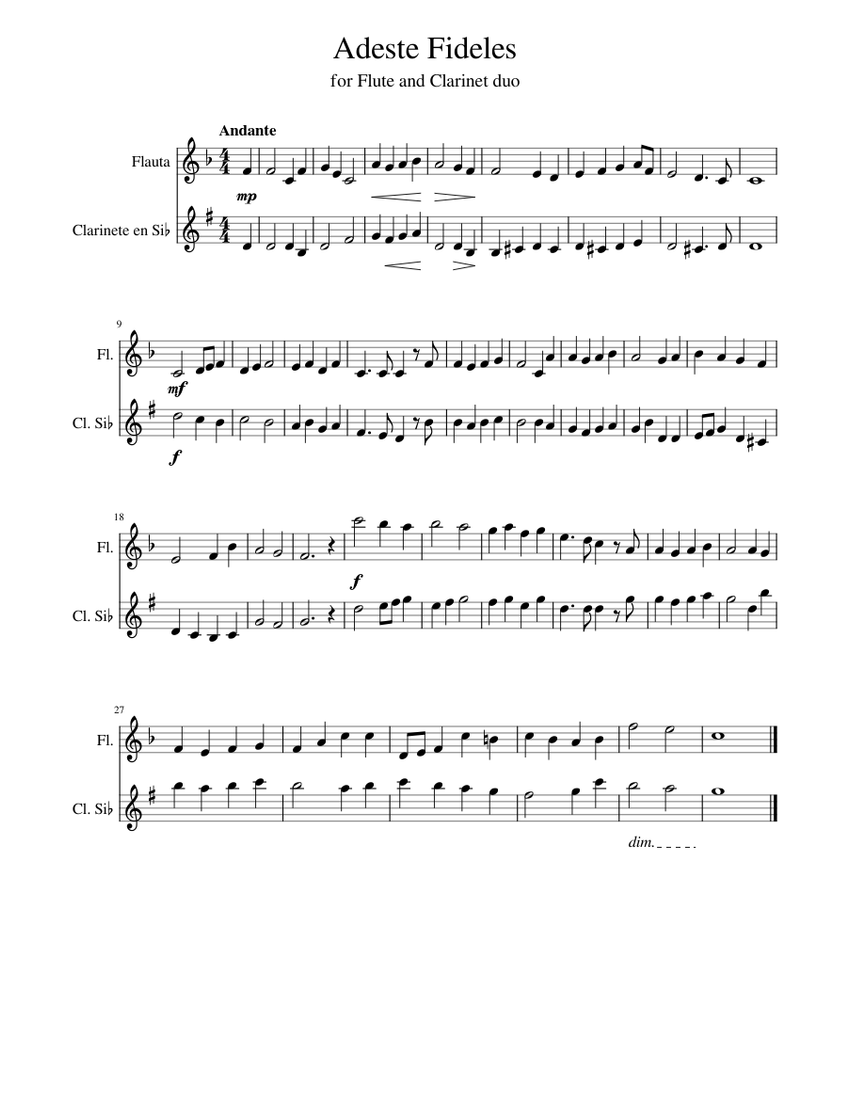 Adeste Fideles for Flute and Clarinet Sheet music for Flute, Clarinet in b-flat (Mixed Duet ...
