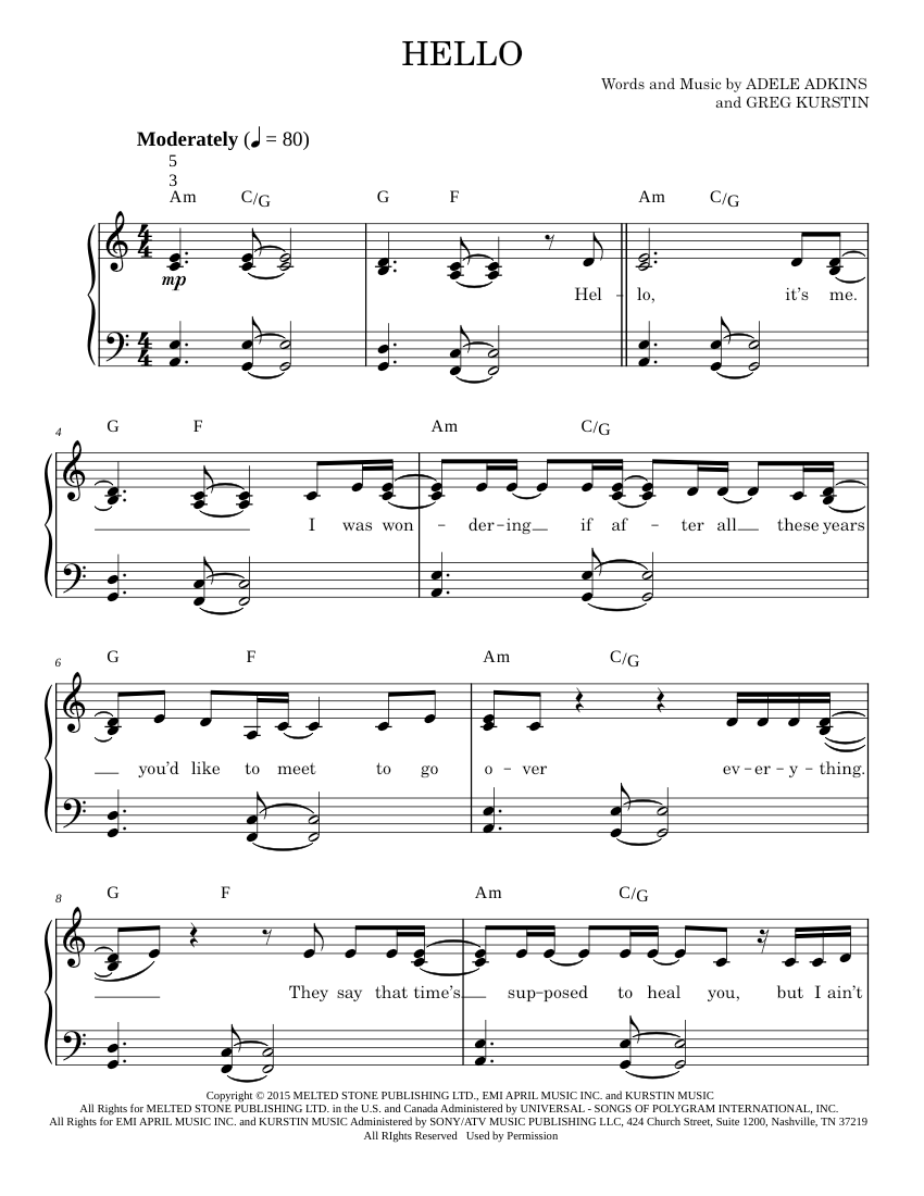 Play Official version of Hello Sheet Music by Adele for Piano ...