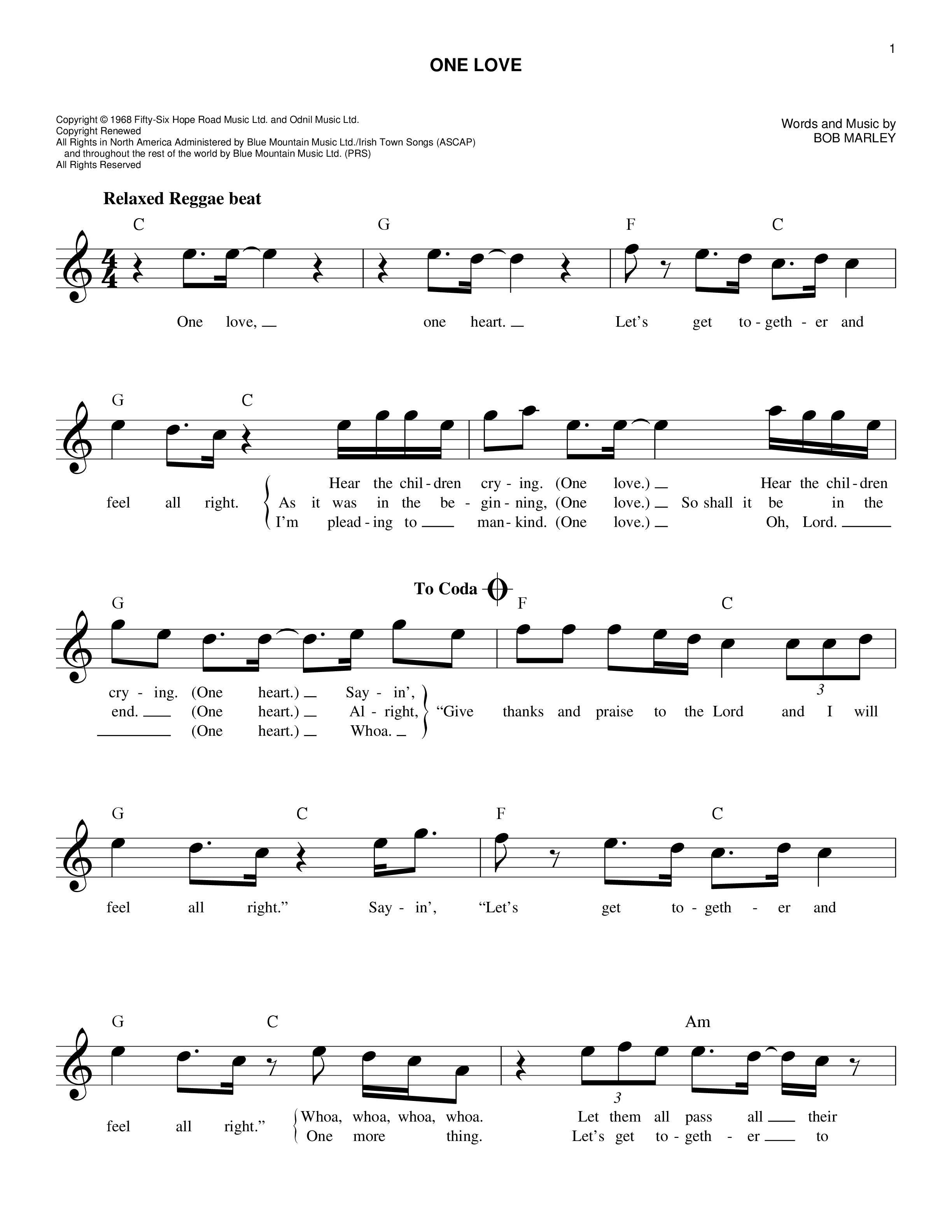 Play Official version of One Love Sheet Music by Bob Marley for Vocals ...