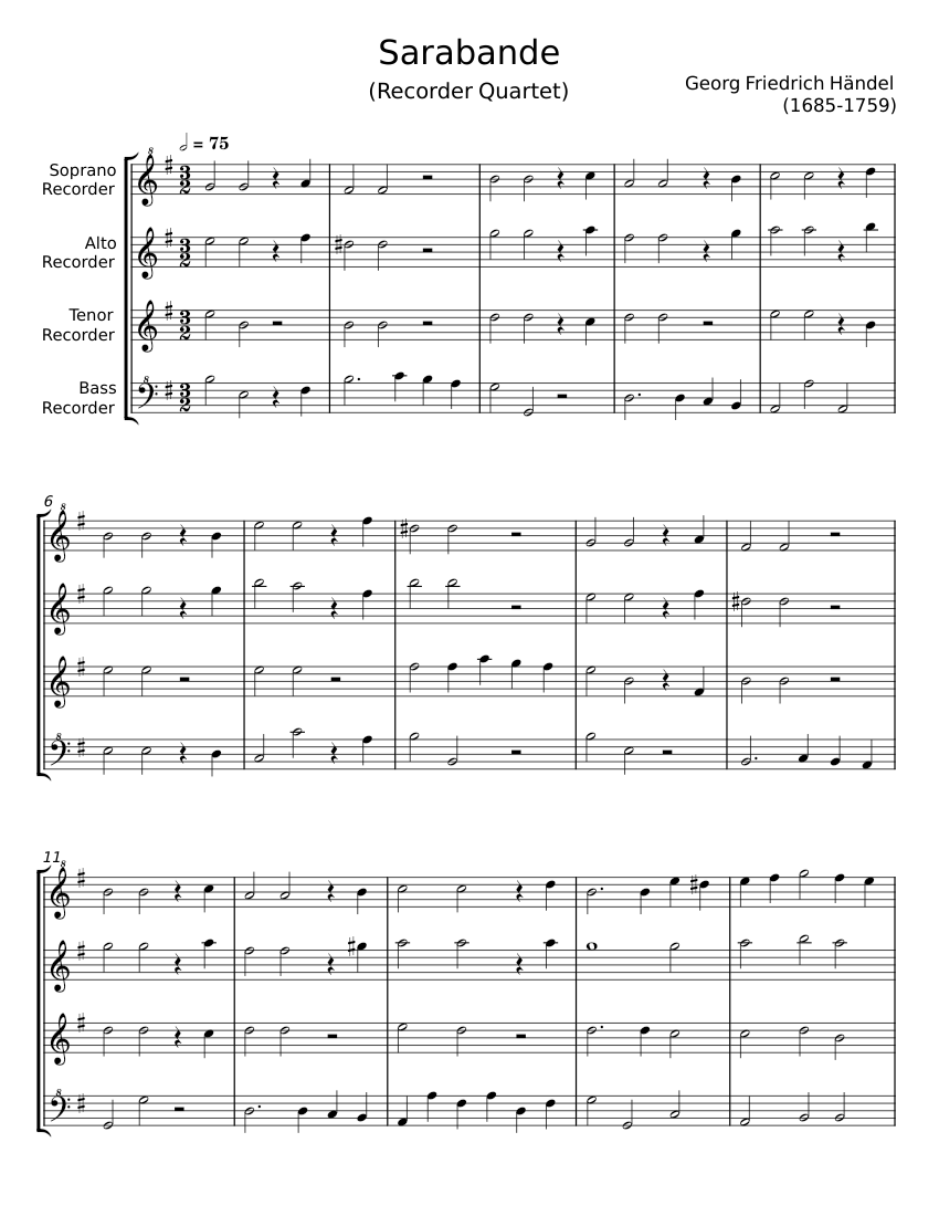 Sarabande - Georg Friedrich Händel Sheet music for Recorder (Mixed ...