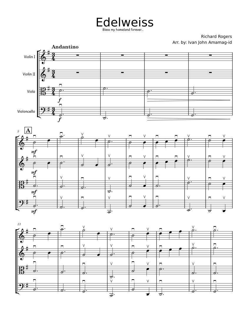 Edelweiss Sheet Music for Violin, Viola, Cello (String Quartet ...