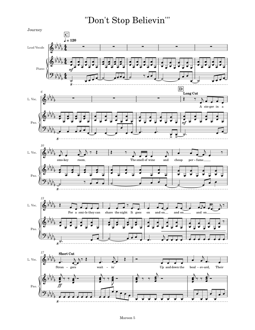 Don't Stop Believin' – Journey Cuts Sheet music for Piano, Vocals (Solo ...