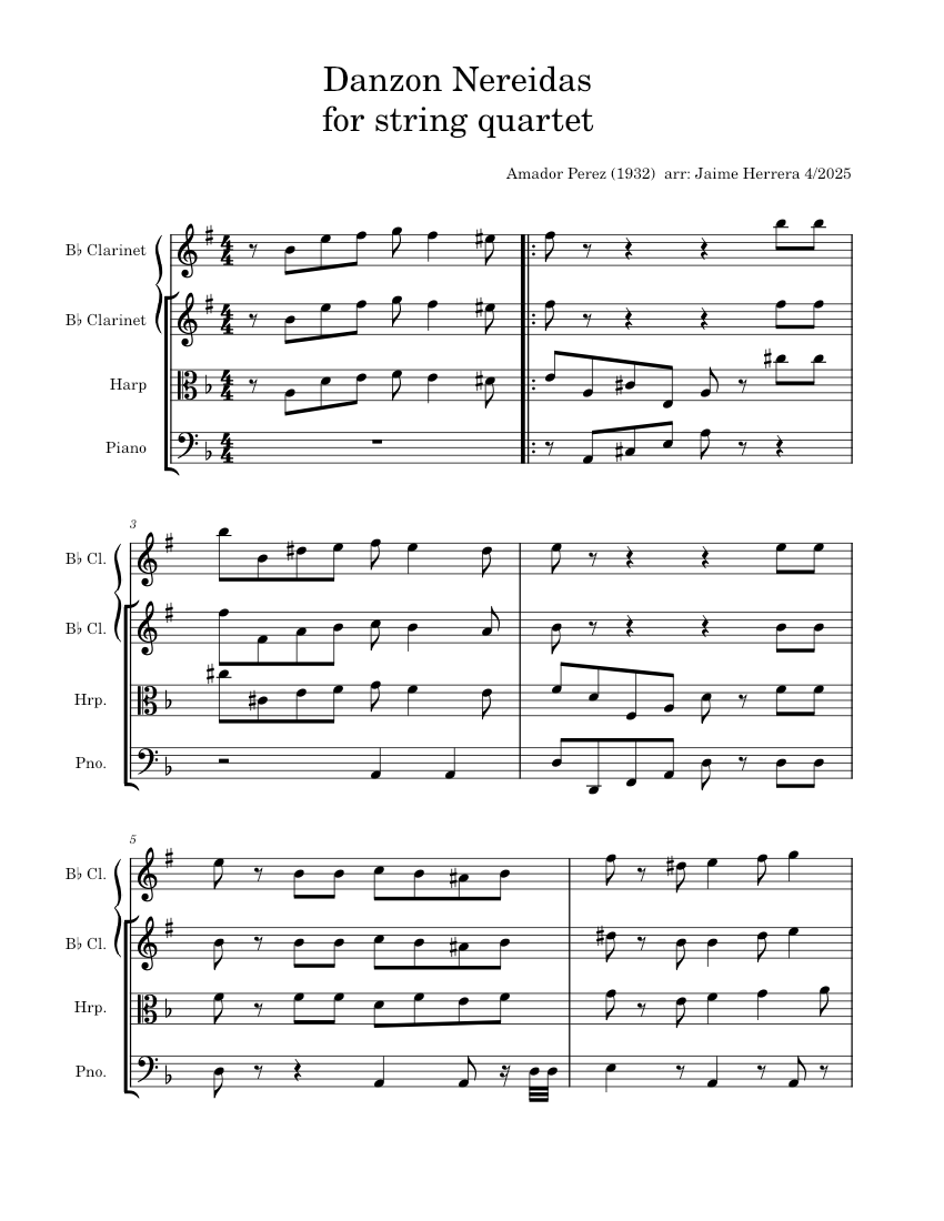Danzon Nereidas – Jaime Herrera 2 Sheet Music for Piano, Clarinet in b ...