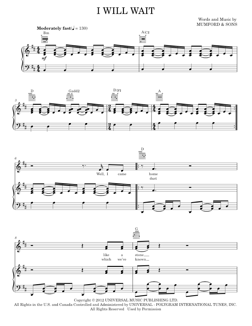 Play Official version of I will wait sheet music by Mumford & Sons for ...