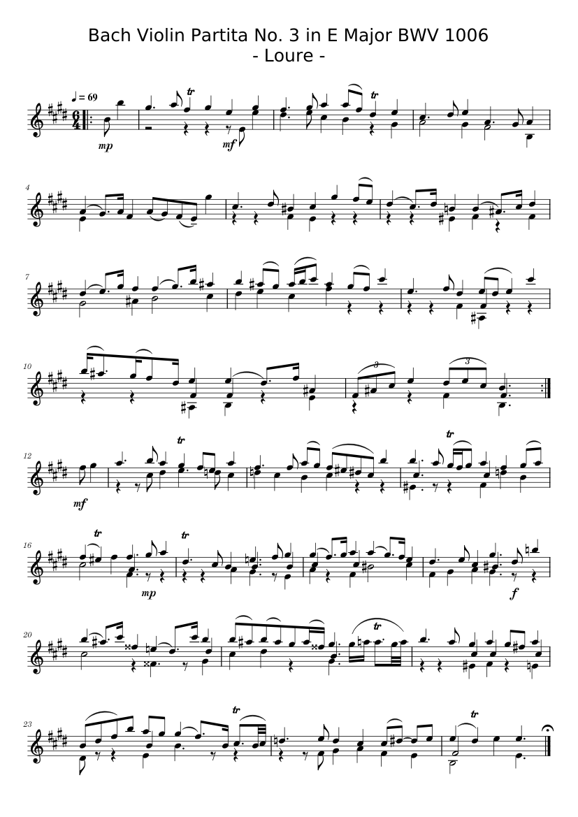 Violin Partita No. 3 in E Major BWV 1006 - Loure - Bach Sheet Music for ...