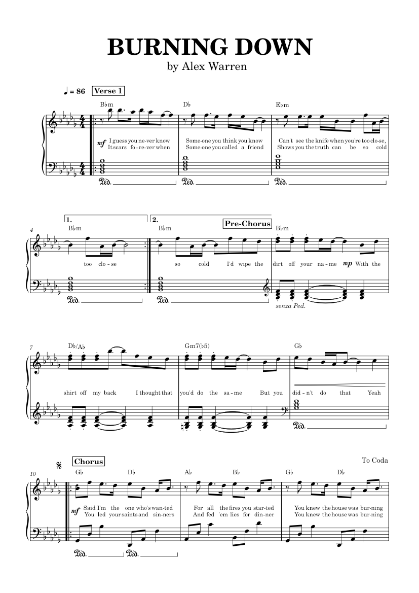 Play Official version of Burning Down Sheet Music by Alex Warren for ...